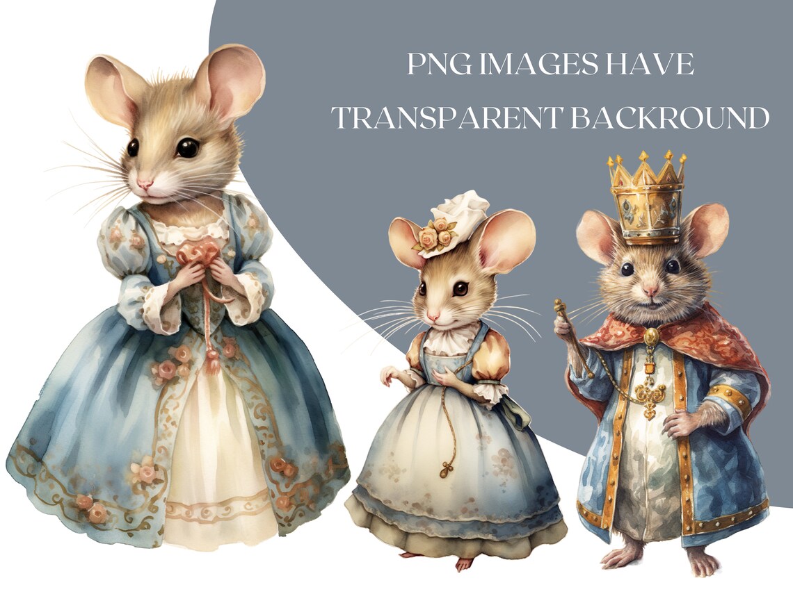 Watercolor Fairy Tale Mice Clipart 10 PNG Files Princess Mouse Clipart ...