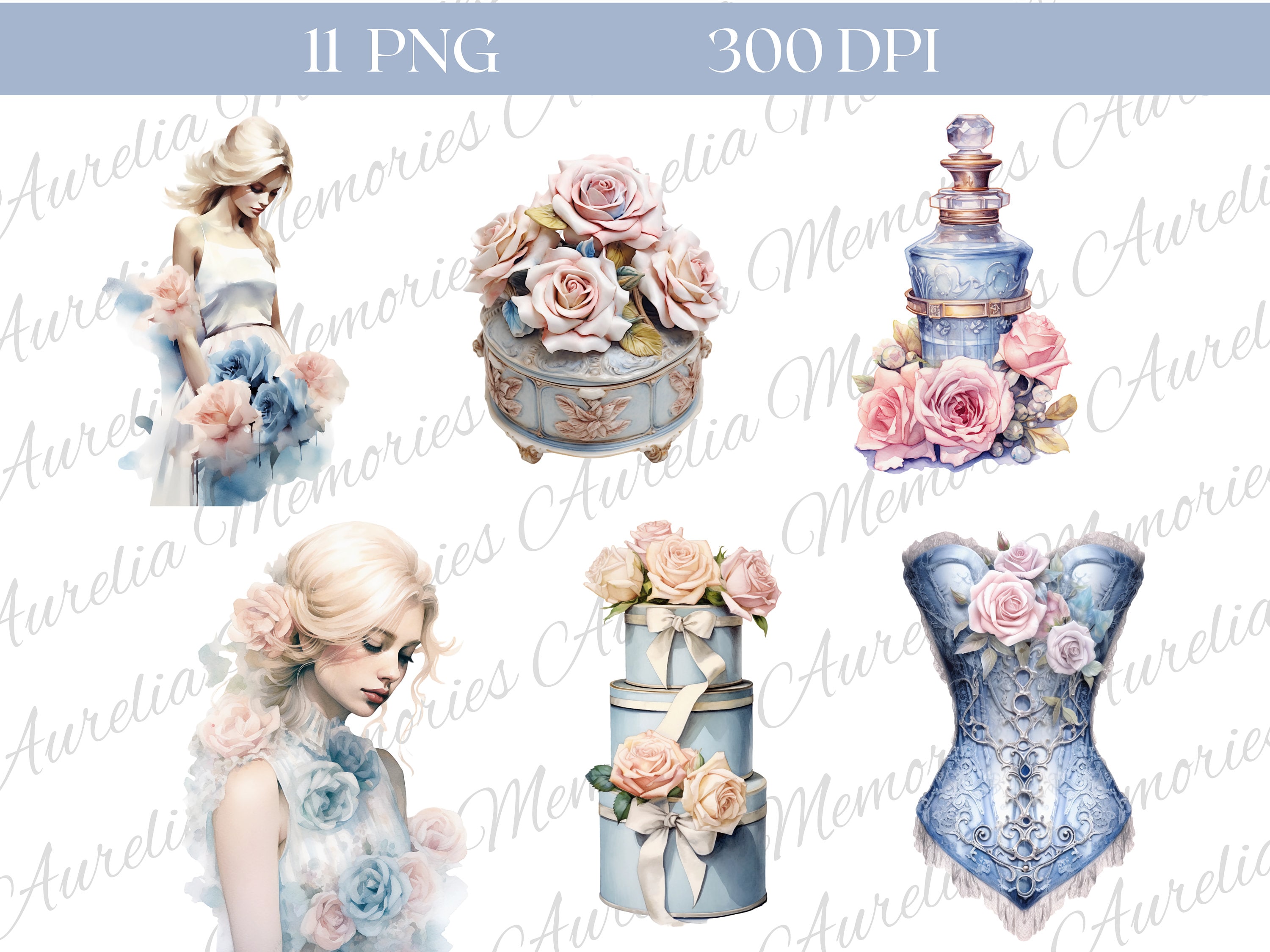 Watercolor Pastel Vintage Rose Clipart 11 PNG Files Vintage Lady ...