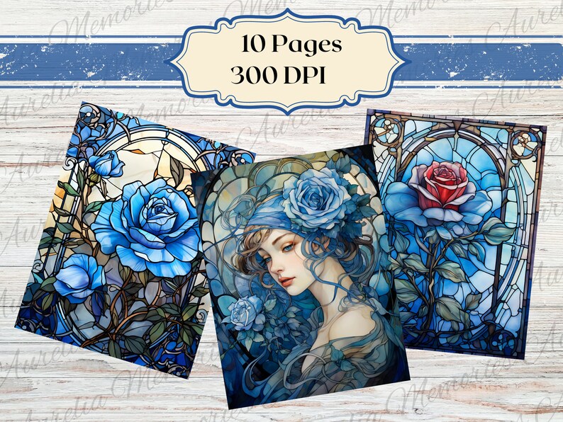 Stained Glass Blue Roses Digital Paper Stained Glass Scrapbooking Paper ...