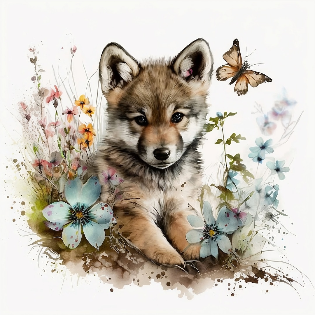 Wild Wolf in Flowers Watercolor Clipart - Digital Download File for Wall Decor Wolf Watercolor ...