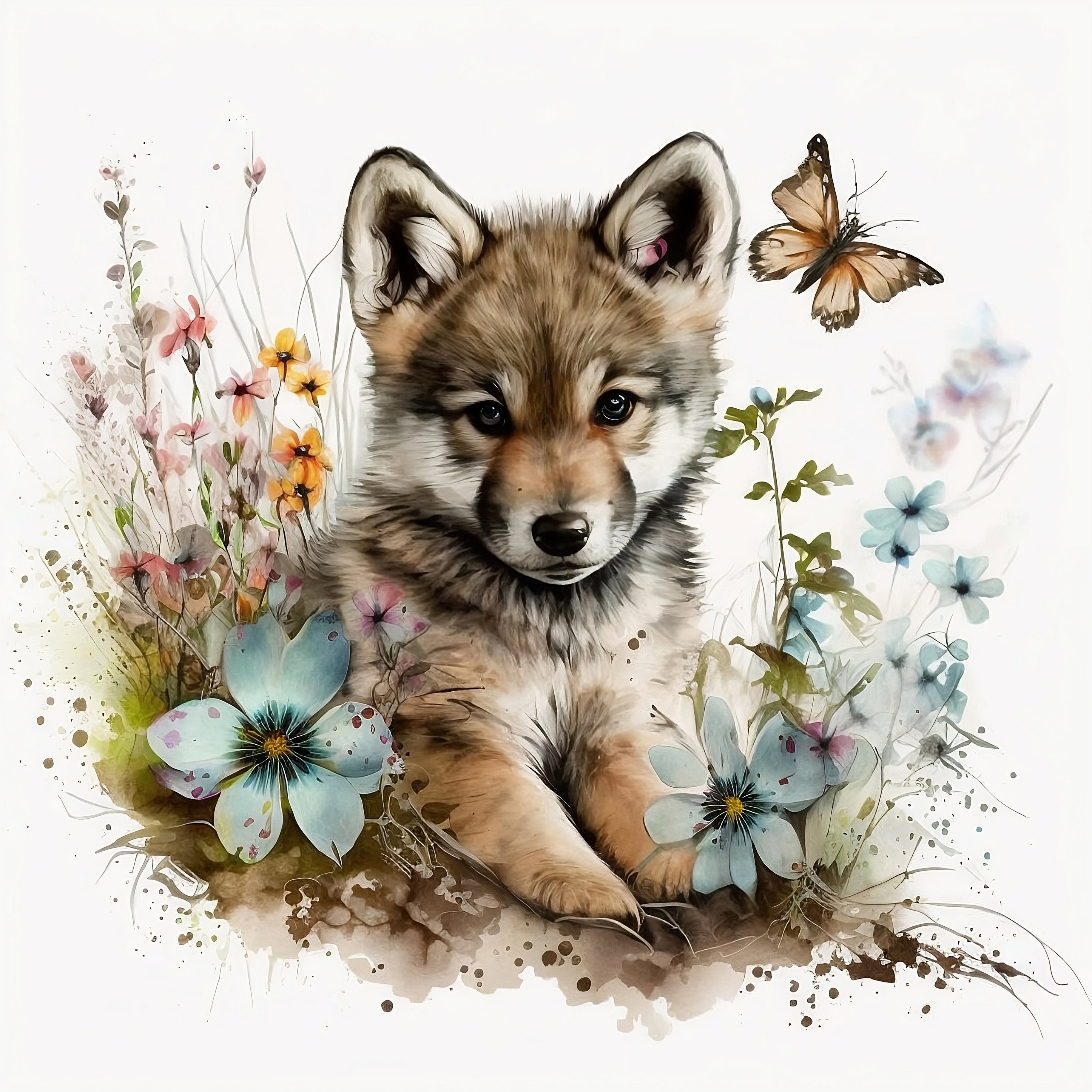 Wild Wolf in Flowers Watercolor Clipart - Digital Download File for ...