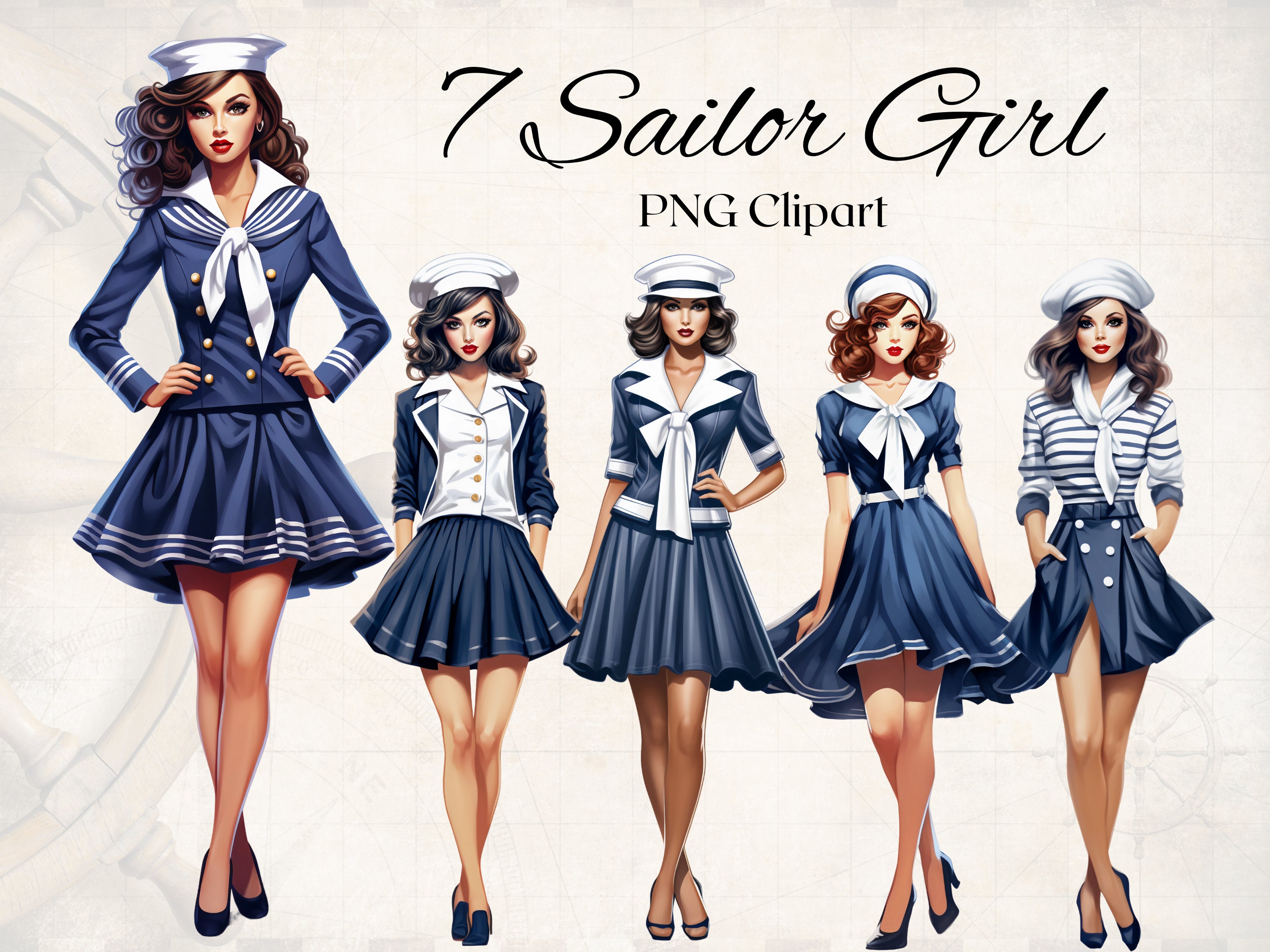 Sailors Vintage Girl Clipart Watercolor 7 PNG Files Nautical Girl ...