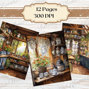 Cottage Kitchen Watercolor Digital Paper Country Style Paper ...