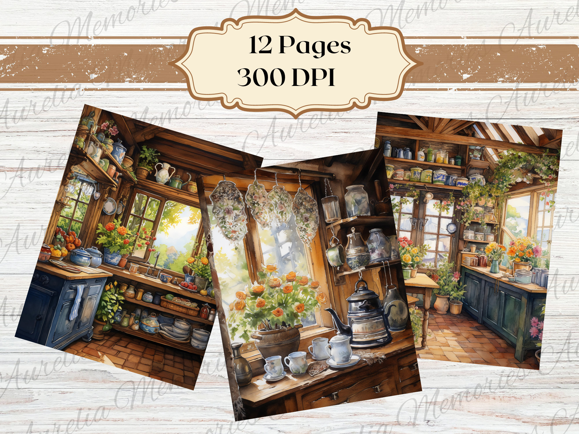 Cottage Kitchen Watercolor Digital Paper Country Style Paper ...