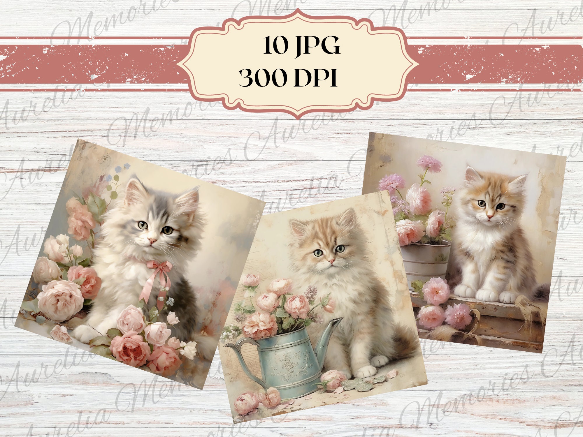 Vintage Shabby Chic Cats Clipart 10 JPG Watercolor Kittens Digital ...