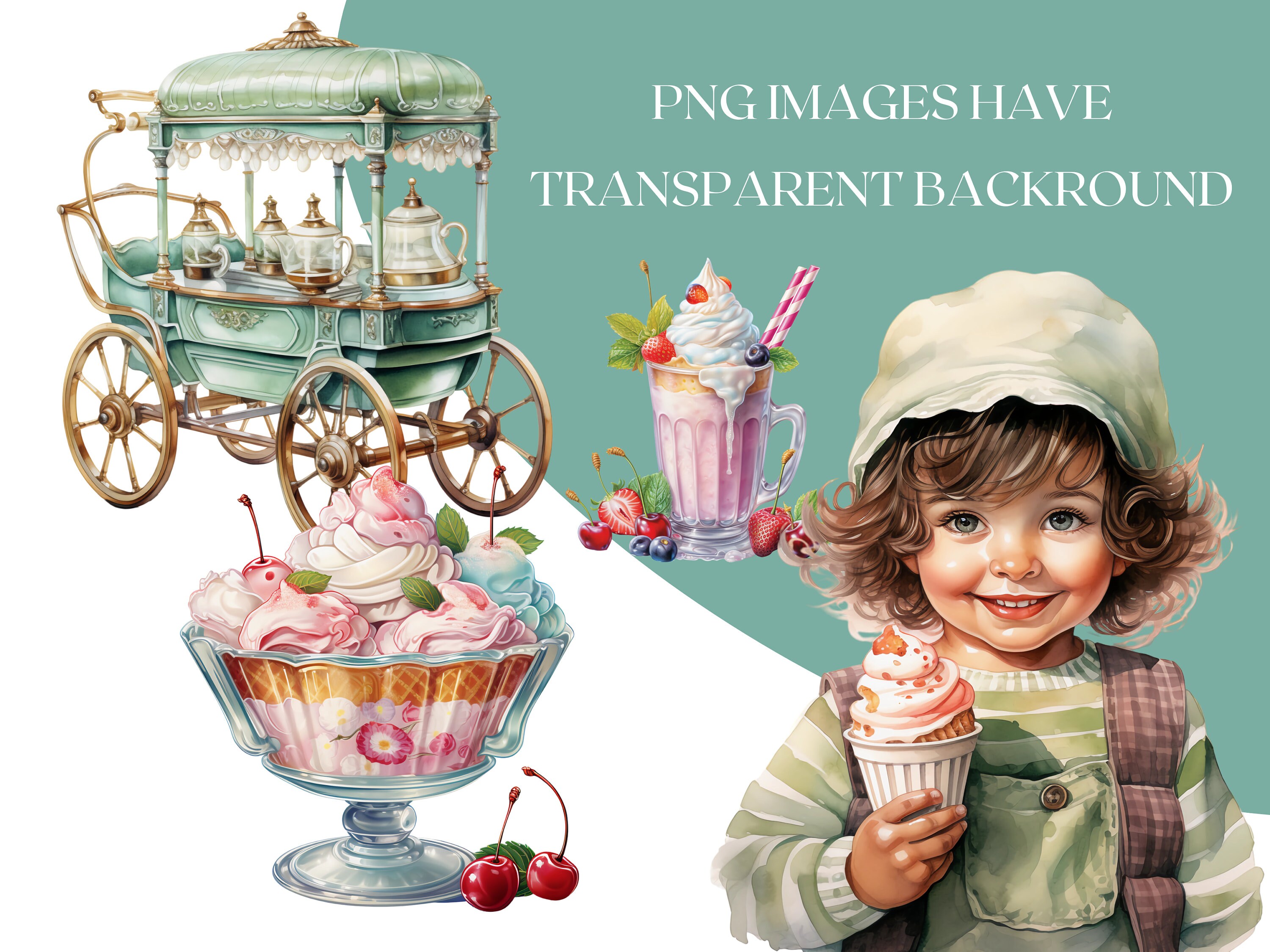 Vintage Retro Ice Cream Parlor Clipart 48 PNG Files Watercolor Ice ...