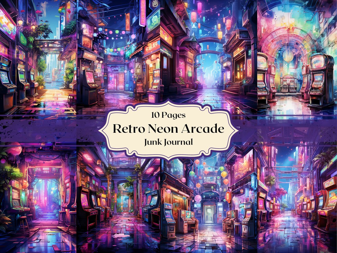 Retro Neon Arcade Digital Paper Printable Watercolor Arcade Paper ...