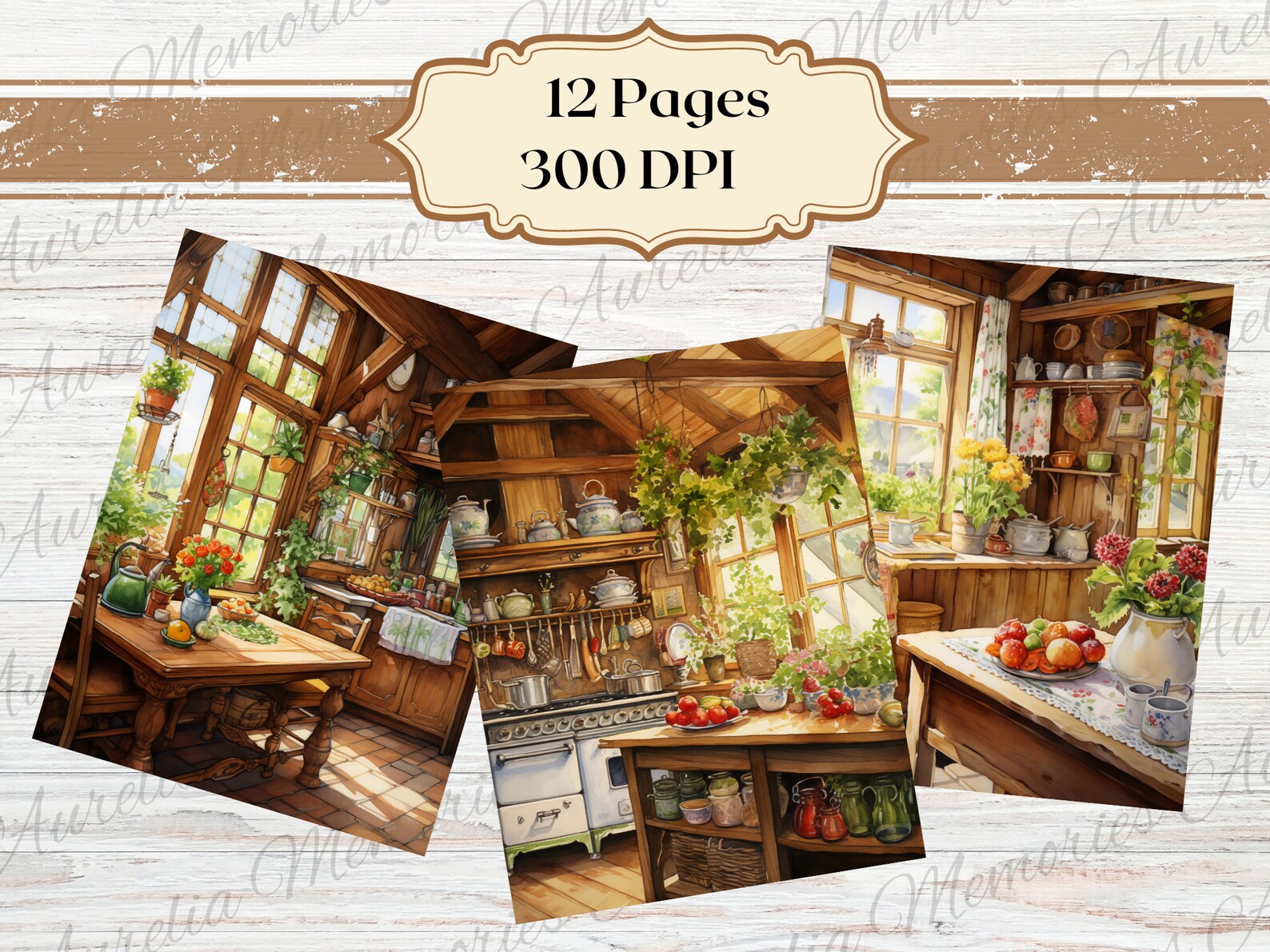 Cottage Kitchen Watercolor Digital Paper Country Style Paper ...