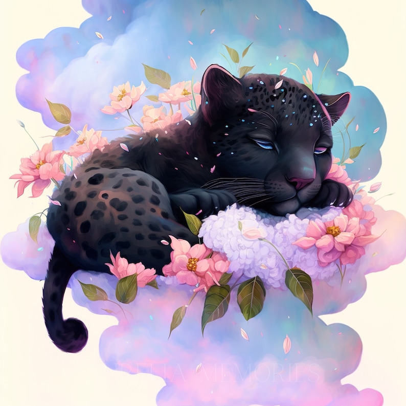 Black Panther Watercolor Clipart Nursery Decor Baby Panther Watercolor Cute Sleeping Panther ...