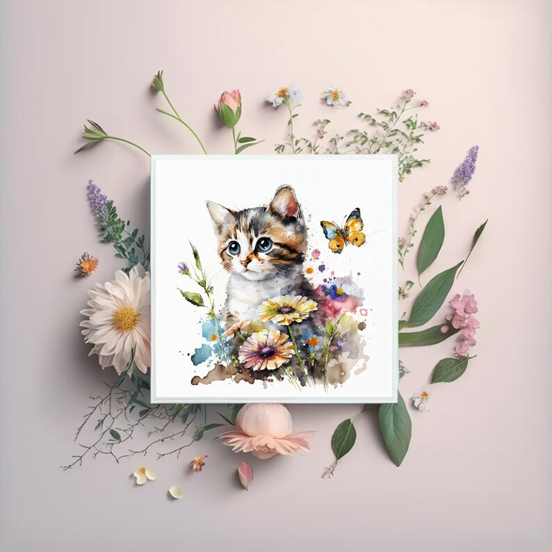 Adorable Cat in Flowers Watercolor Clipart - Digital Download File for ...