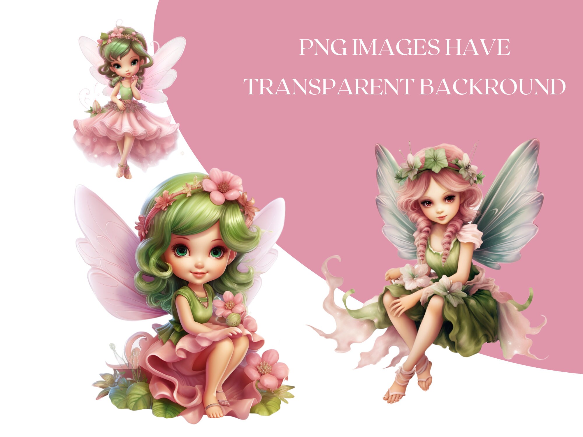 Cute Fairy Clipart 9 PNG Files Watercolor Pink Green Little Fairy ...