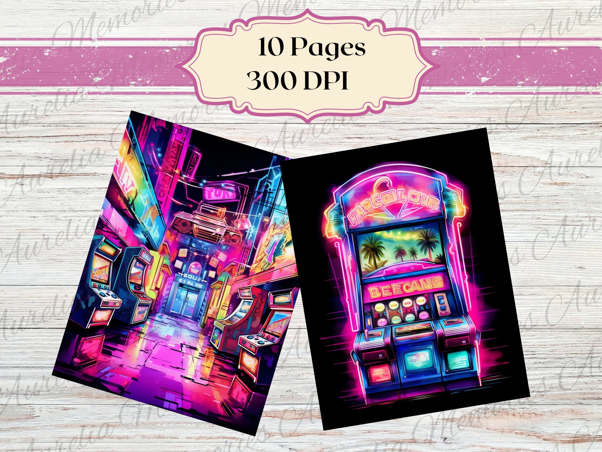 Retro Neon Arcade Digital Paper Printable Watercolor Arcade Paper ...