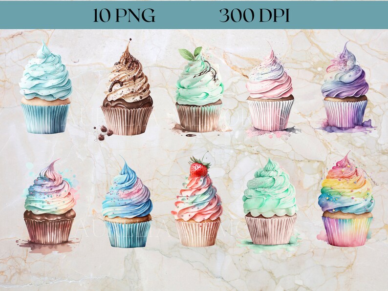 Pastel Cupcake Watercolor Clipart 10 PNG Files Rainbow Birthday Cake ...