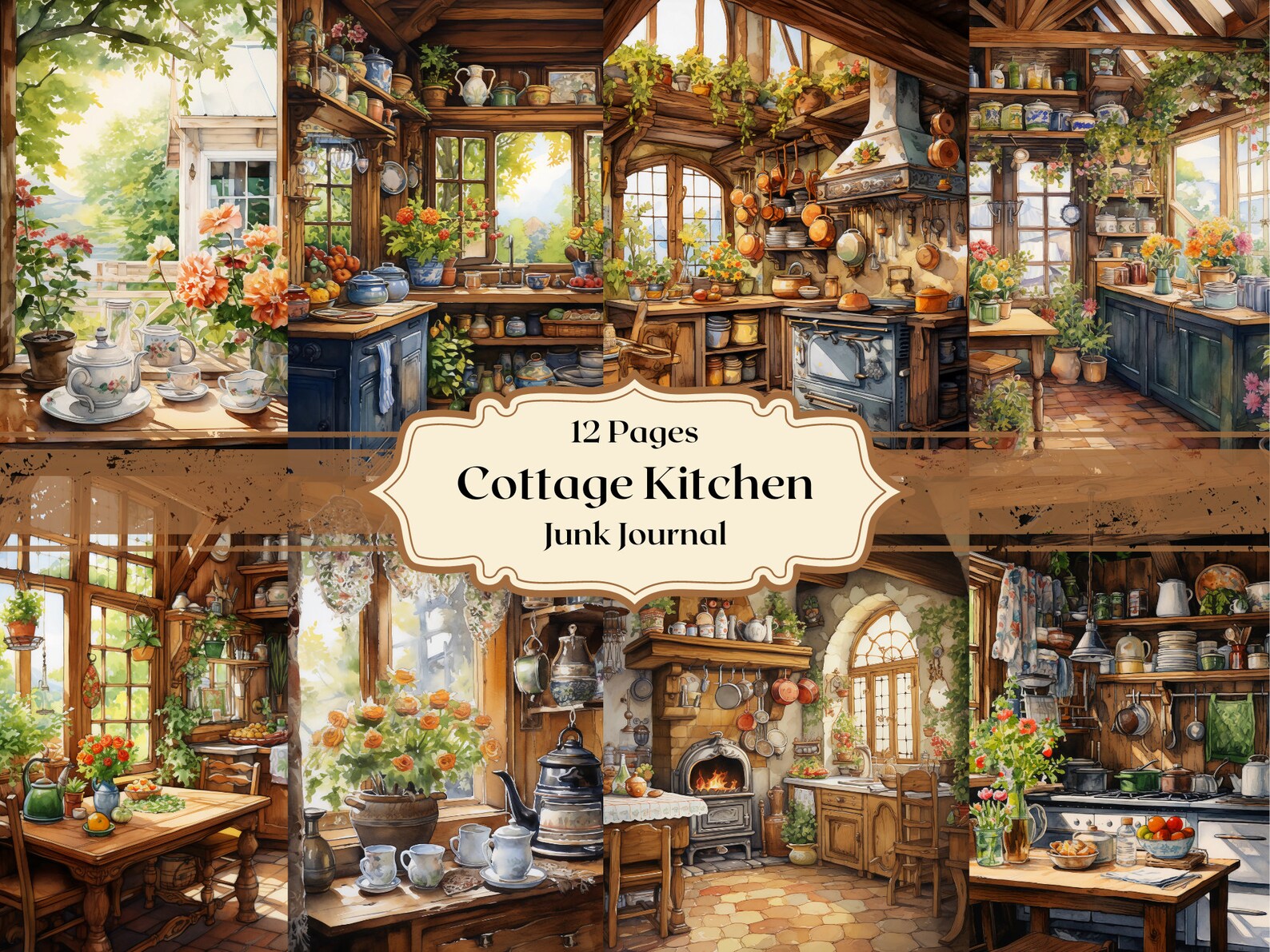 Cottage Kitchen Watercolor Digital Paper Country Style Paper ...