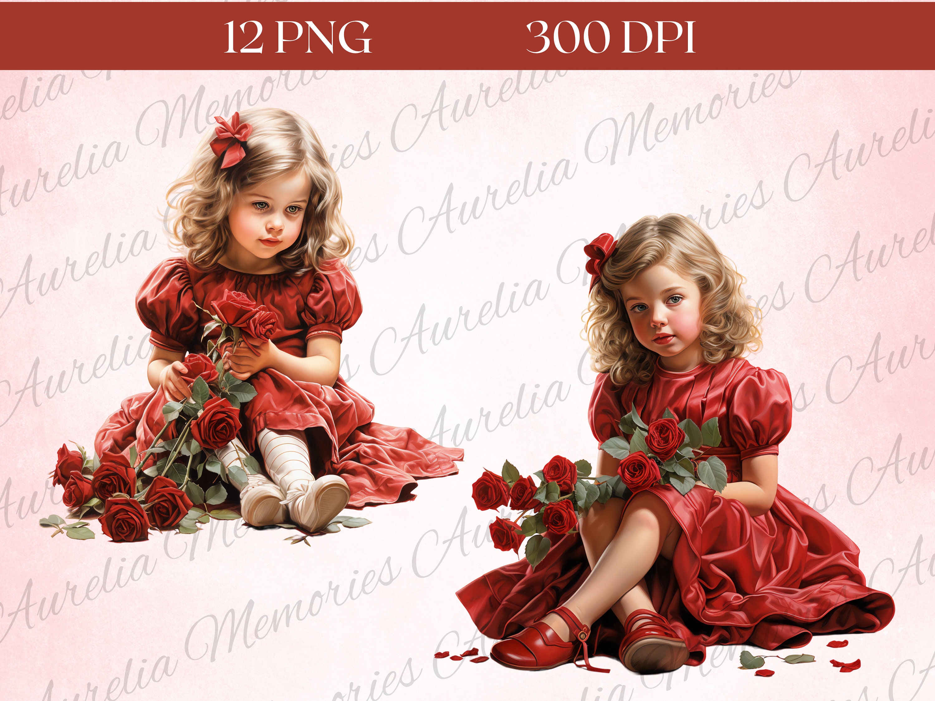 Vintage Girls Red Roses 12 PNG Files Little Girls With Ruby Red Dress ...