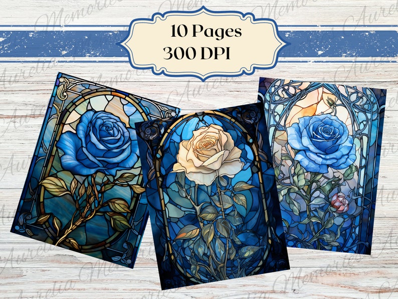 Stained Glass Blue Roses Digital Paper Stained Glass Scrapbooking Paper ...