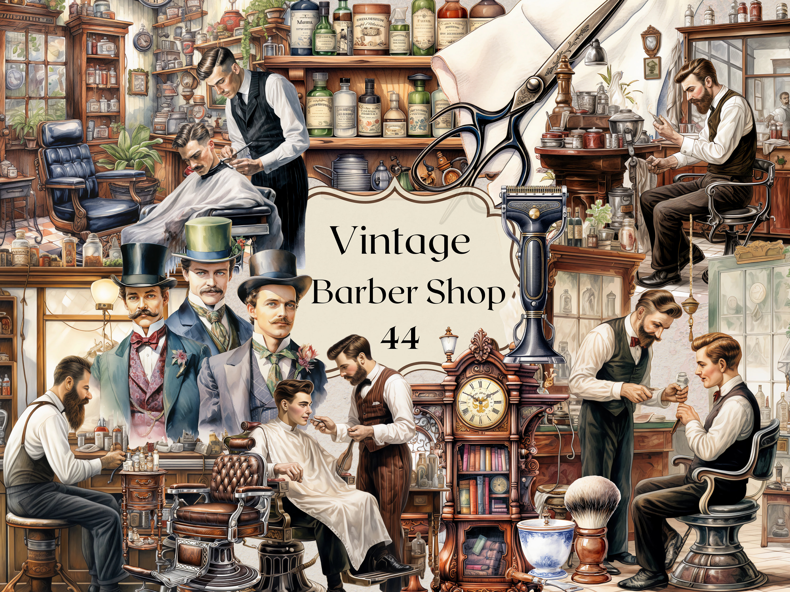 Vintage Barber Shop Clipart 44 PNG Files Watercolor Barber Clipart ...