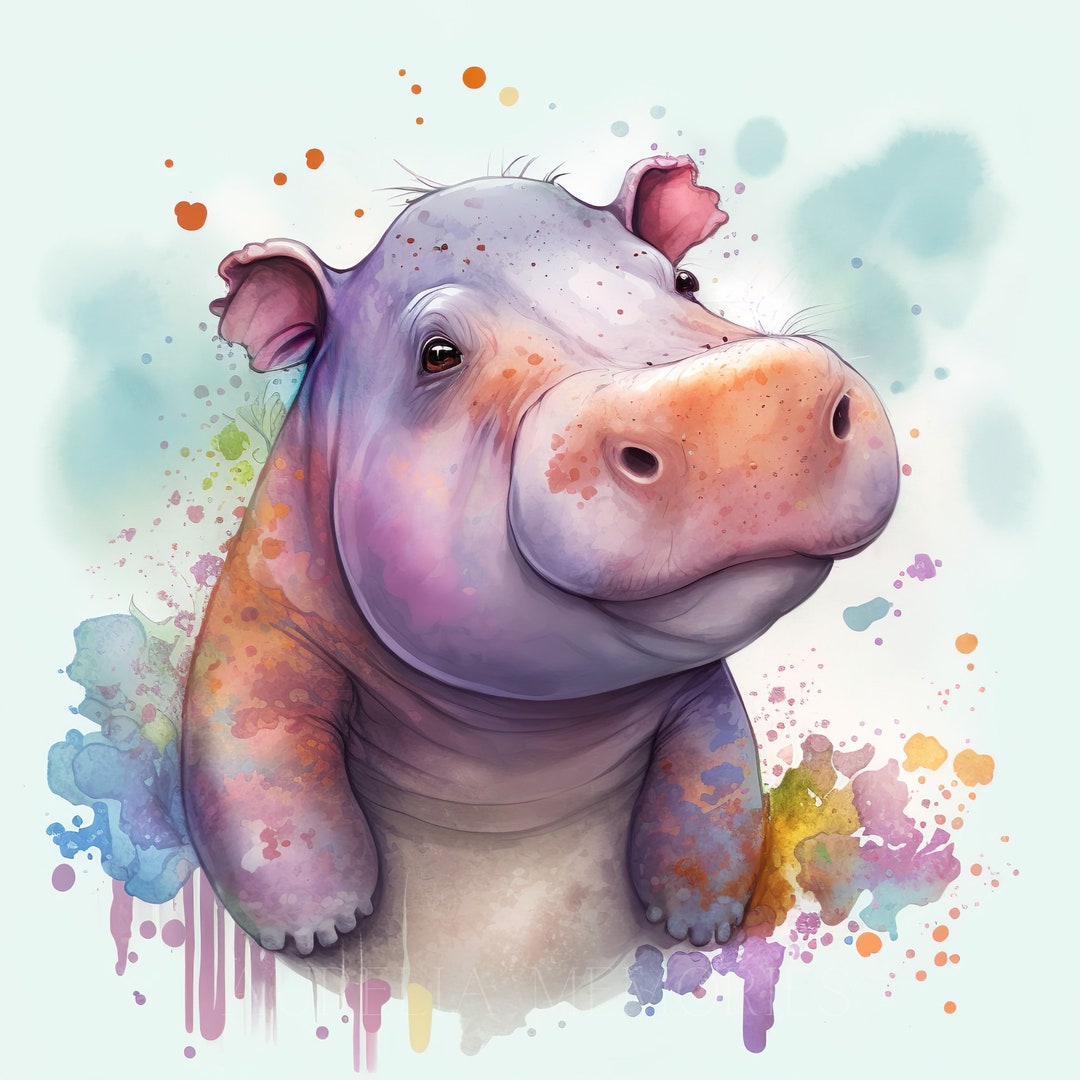 Hippo Watercolor Clipart Nursery Decor Baby Hippo Watercolor Cute Baby ...