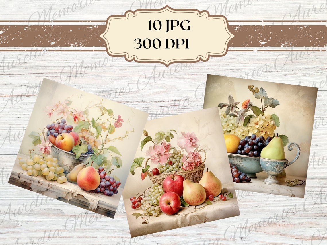 Vintage Shabby Chic Fruits Clipart 10 JPG Watercolor Fruits Digital ...