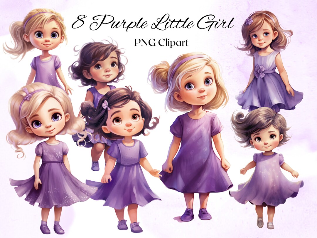 Cute Little Girls Clipart 8 PNG Files Watercolor Girl With Purple Dress ...