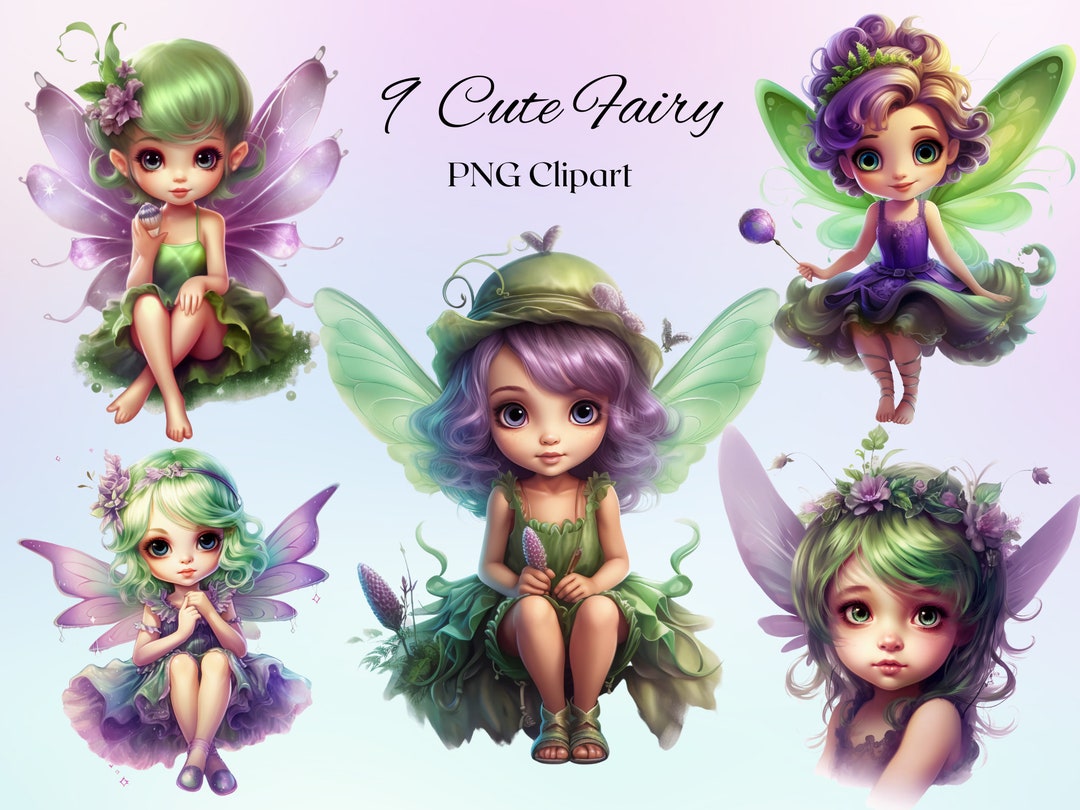 Cute Fairy Clipart 9 PNG Files Watercolor Purple Green Little Fairy ...