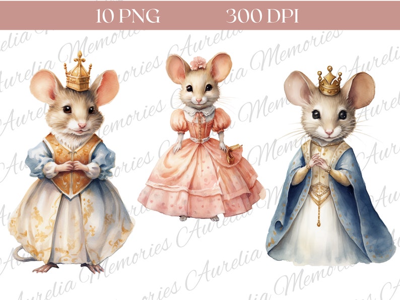 Watercolor Princess Mice Clipart 10 PNG Files Princess Mouse - Etsy