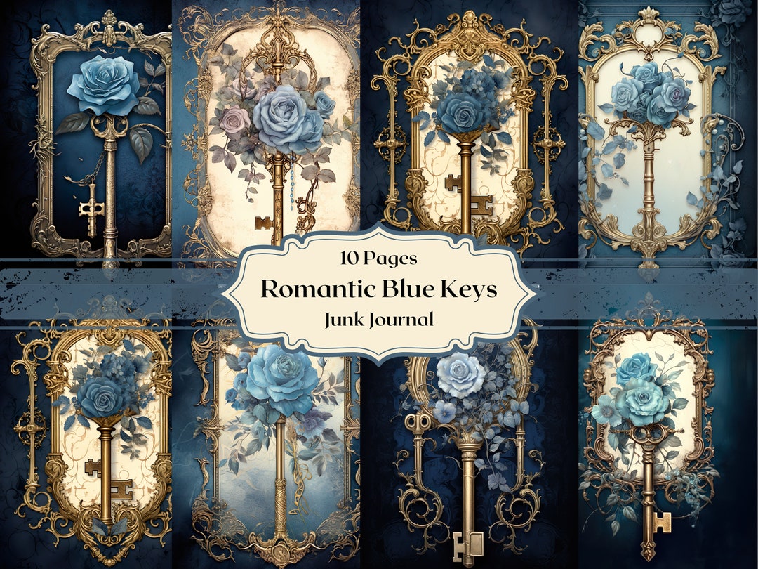 Romantic Gold Keys With Blue Roses Digital Paper Blue Flowers Scrapbook ...