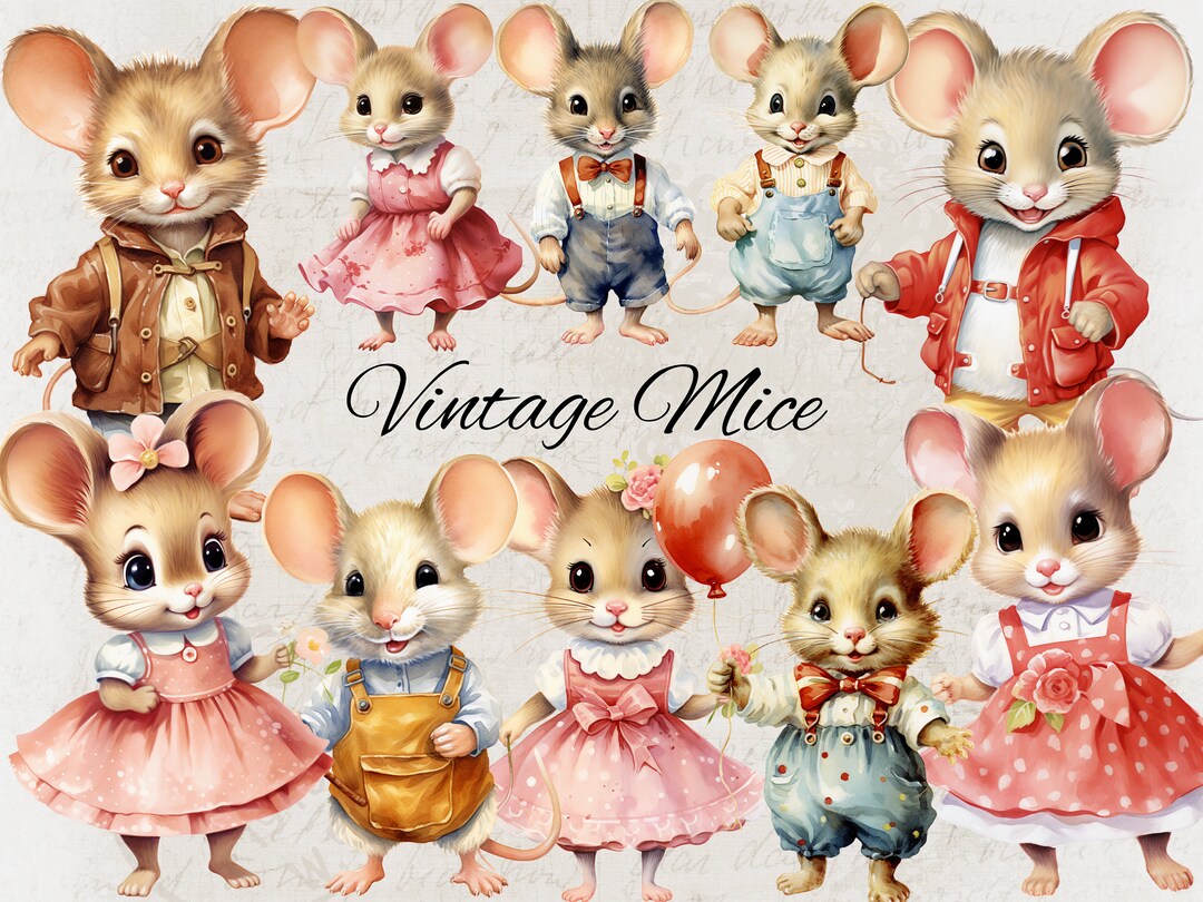 Vintage Watercolor Mouse Clipart 12 PNG Files Retro Cute Mice Clipart ...