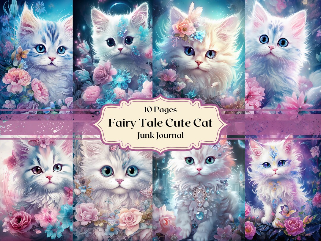 Fairy Tale Cute Cat Digital Paper Watercolor White Cat Scrapbooking ...