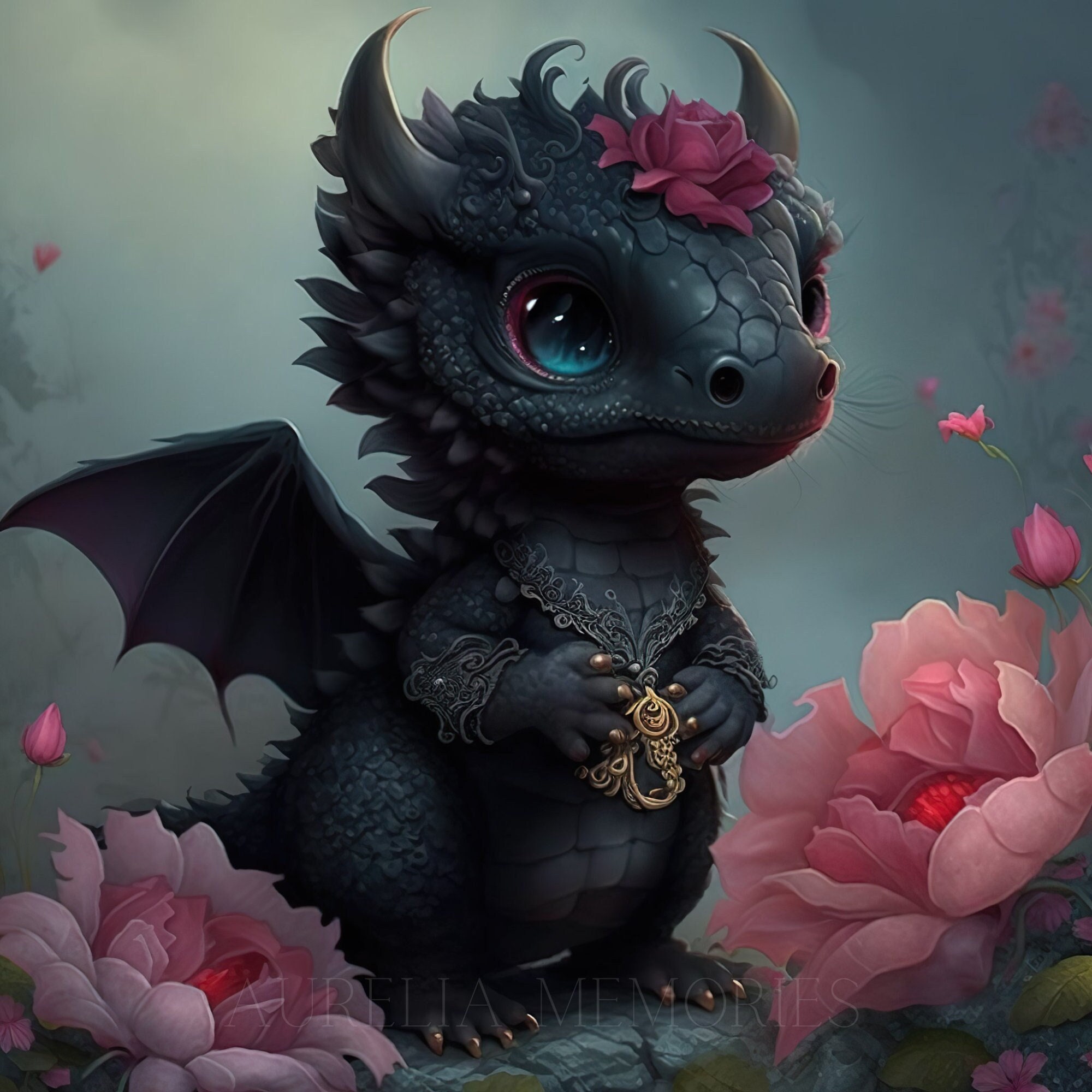 Baby Dragon Clipart Fantasy Nursery Decor Black Baby Dragon Royal ...