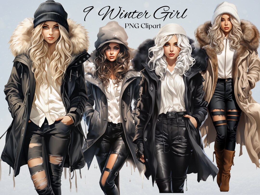 Winter Women Clipart 9 PNG Files Watercolor Girl in Fur Winter Coat ...