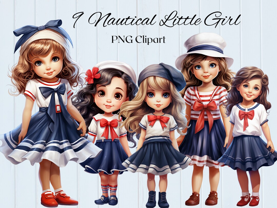 Nautical Little Girl Clipart Watercolor 9 PNG Files Anchor Summer Blue ...
