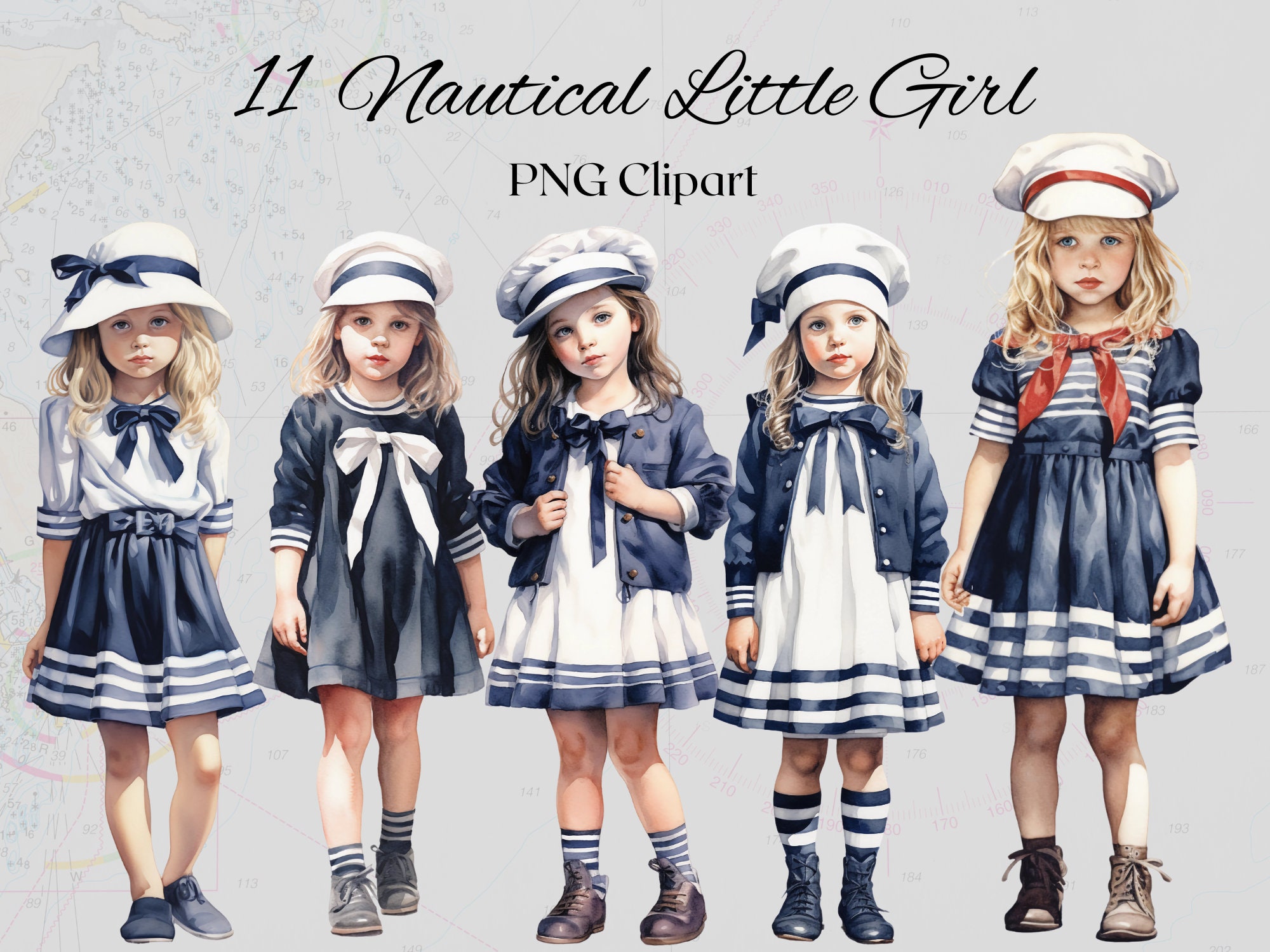 Nautical Little Girl Clipart Vintage Watercolor 11 PNG Files Anchor ...