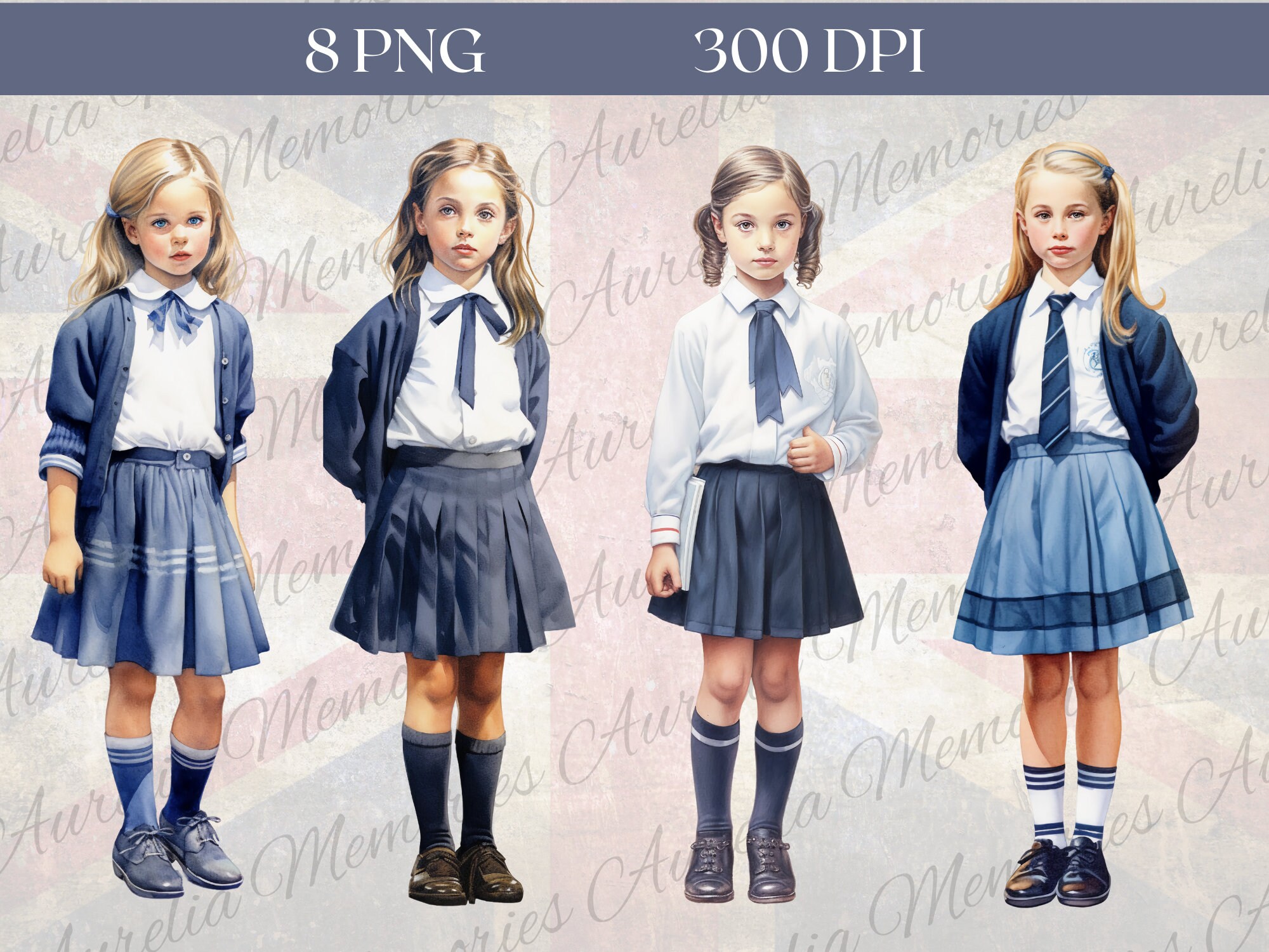 School Girl Watercolor Clipart 8 PNG Files English Blue School Uniform ...