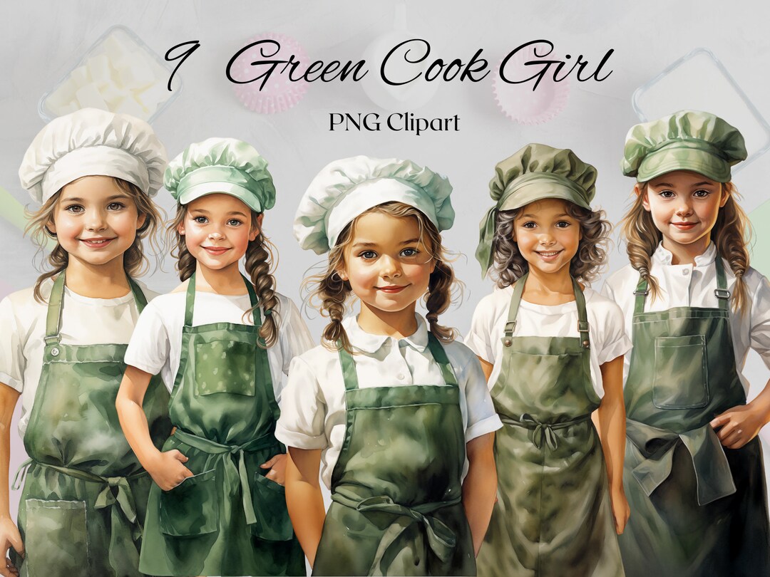 Cute Little Chef Clipart 9 PNG Files Watercolor Chef Girl With Green ...