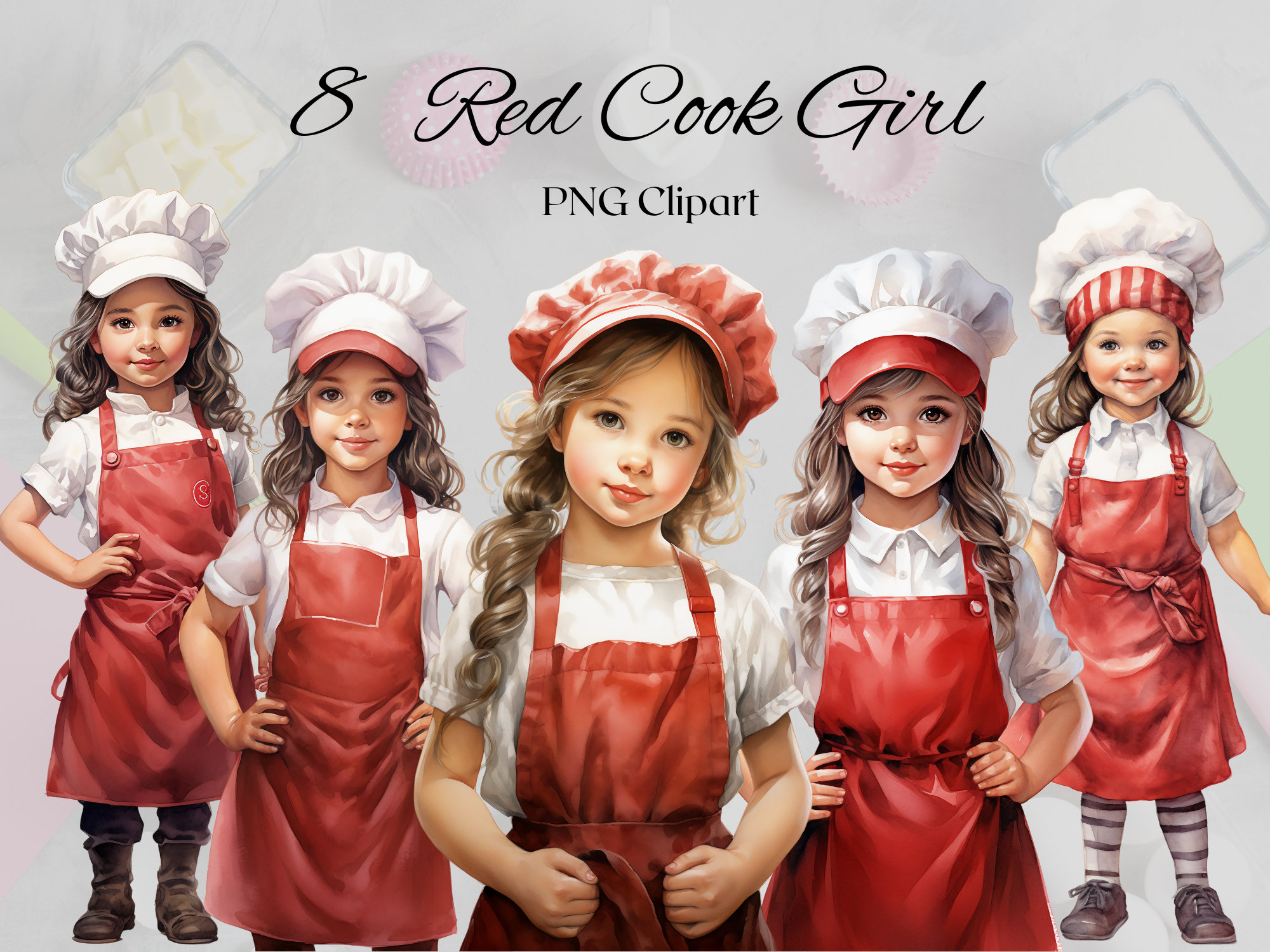Cute Little Chef Clipart 8 PNG Files Watercolor Chef Girl Wearing Red ...