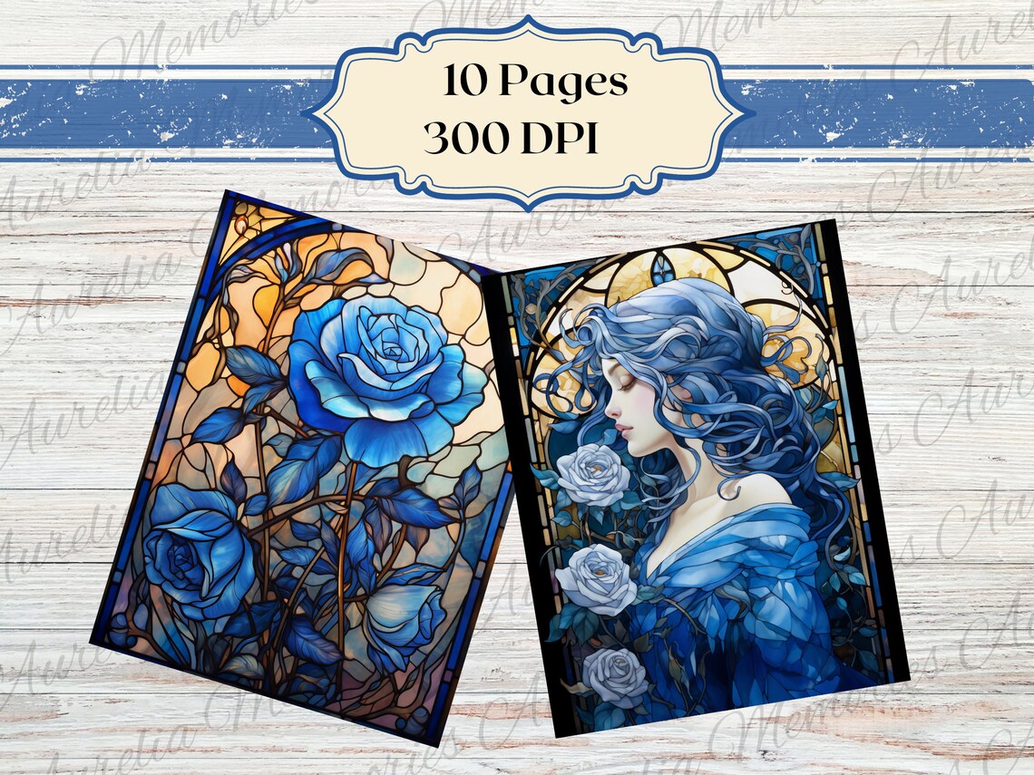 Stained Glass Blue Roses Digital Paper Stained Glass Scrapbooking Paper ...