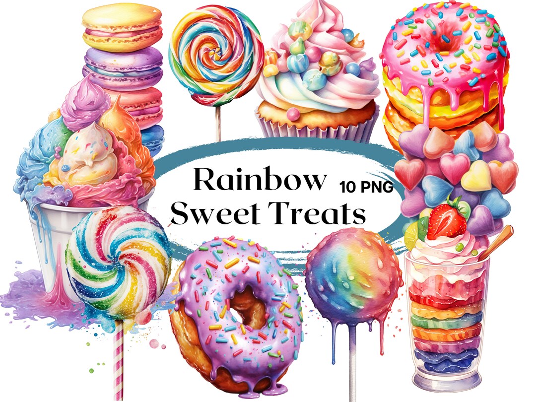 Watercolor Rainbow Sweet Treats Clipart 10 PNG Files Candy Donat ...