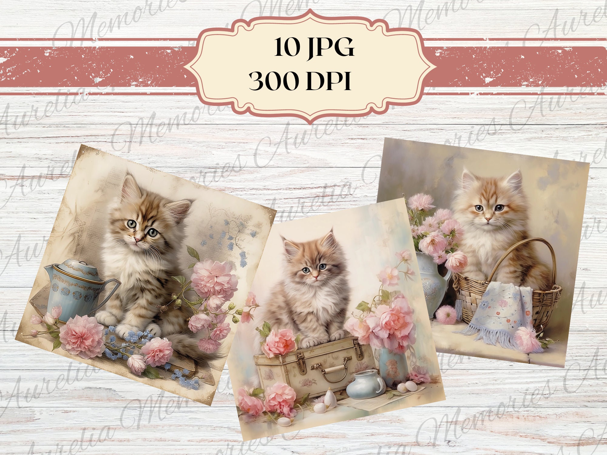 Vintage Shabby Chic Cats Clipart 10 JPG Watercolor Kittens Digital ...