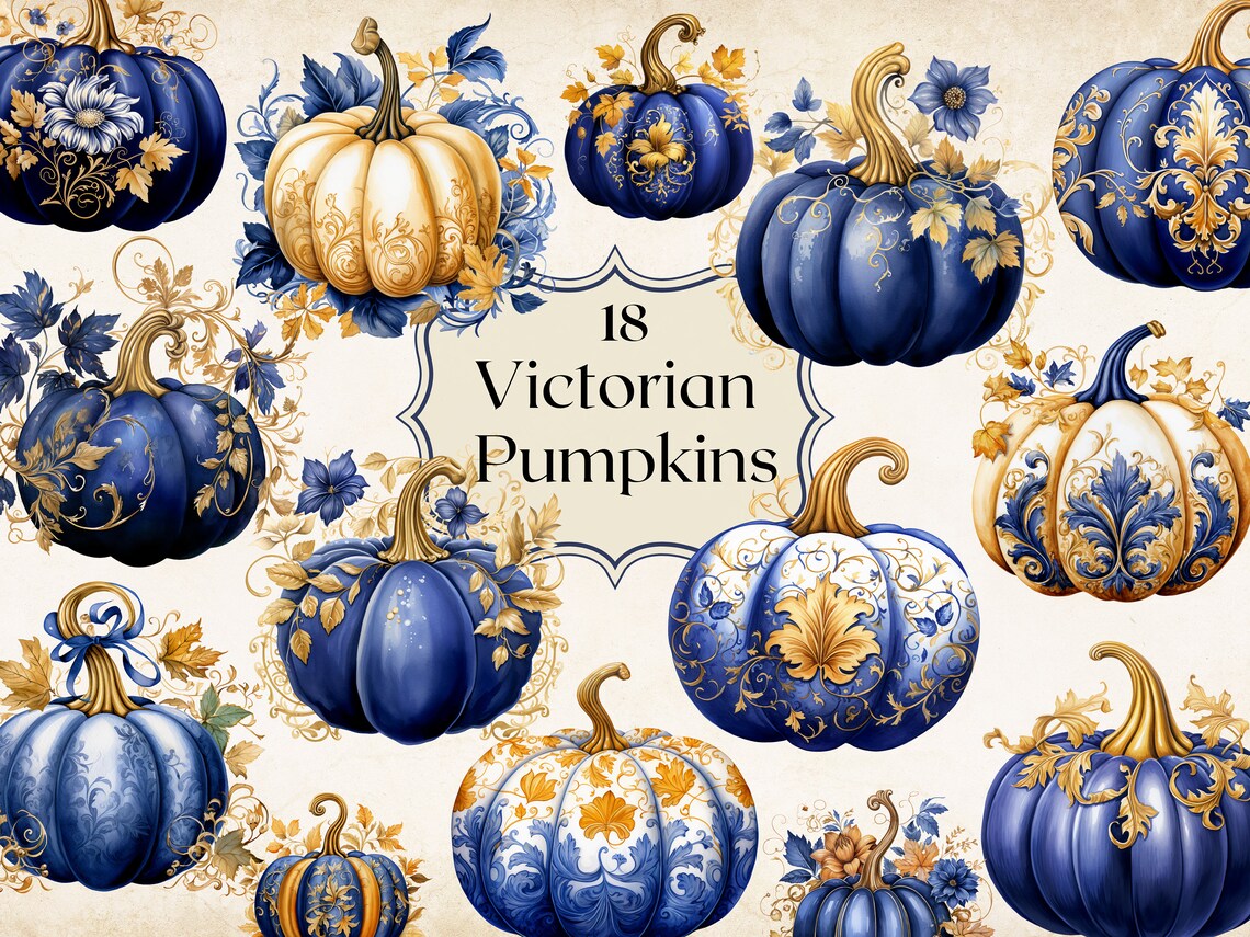 Blue Pumpkin Clipart 18 PNG Files Watercolor Victorian Pumpkin Autumn ...