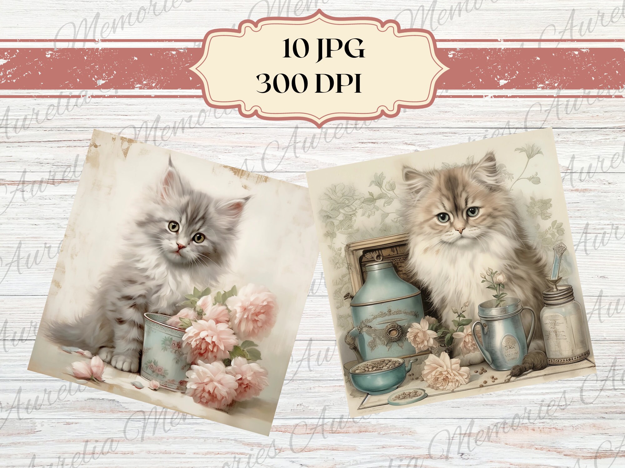 Vintage Shabby Chic Cats Clipart 10 JPG Watercolor Kittens Digital ...