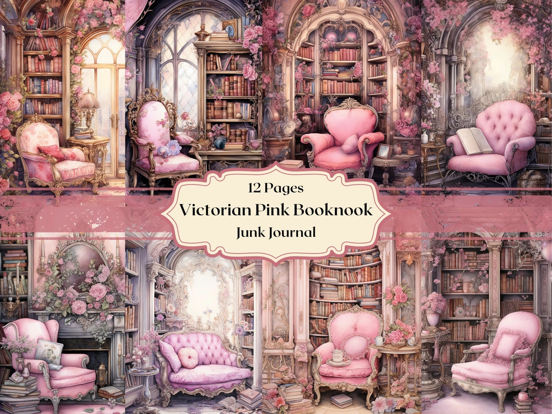 Victorian Pastel Pink Book Corner Digital Paper Vintage Library ...