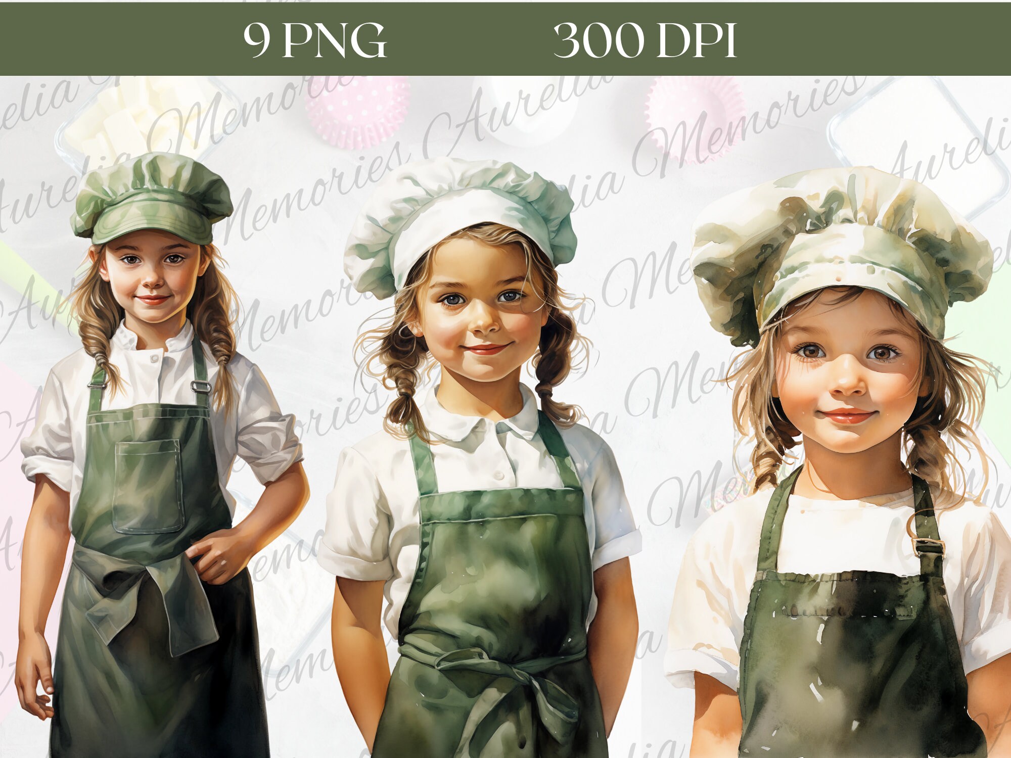 Cute Little Chef Clipart 9 PNG Files Watercolor Chef Girl With Green ...
