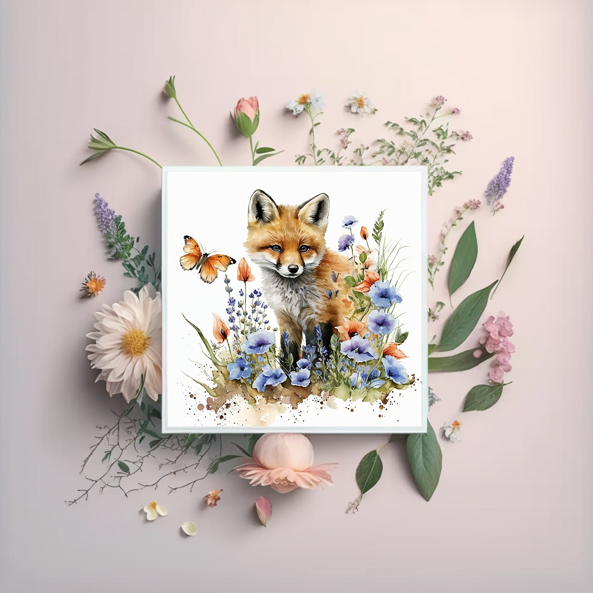 Cute Fox in Flowers Watercolor Clipart Digital Download File for Baby ...