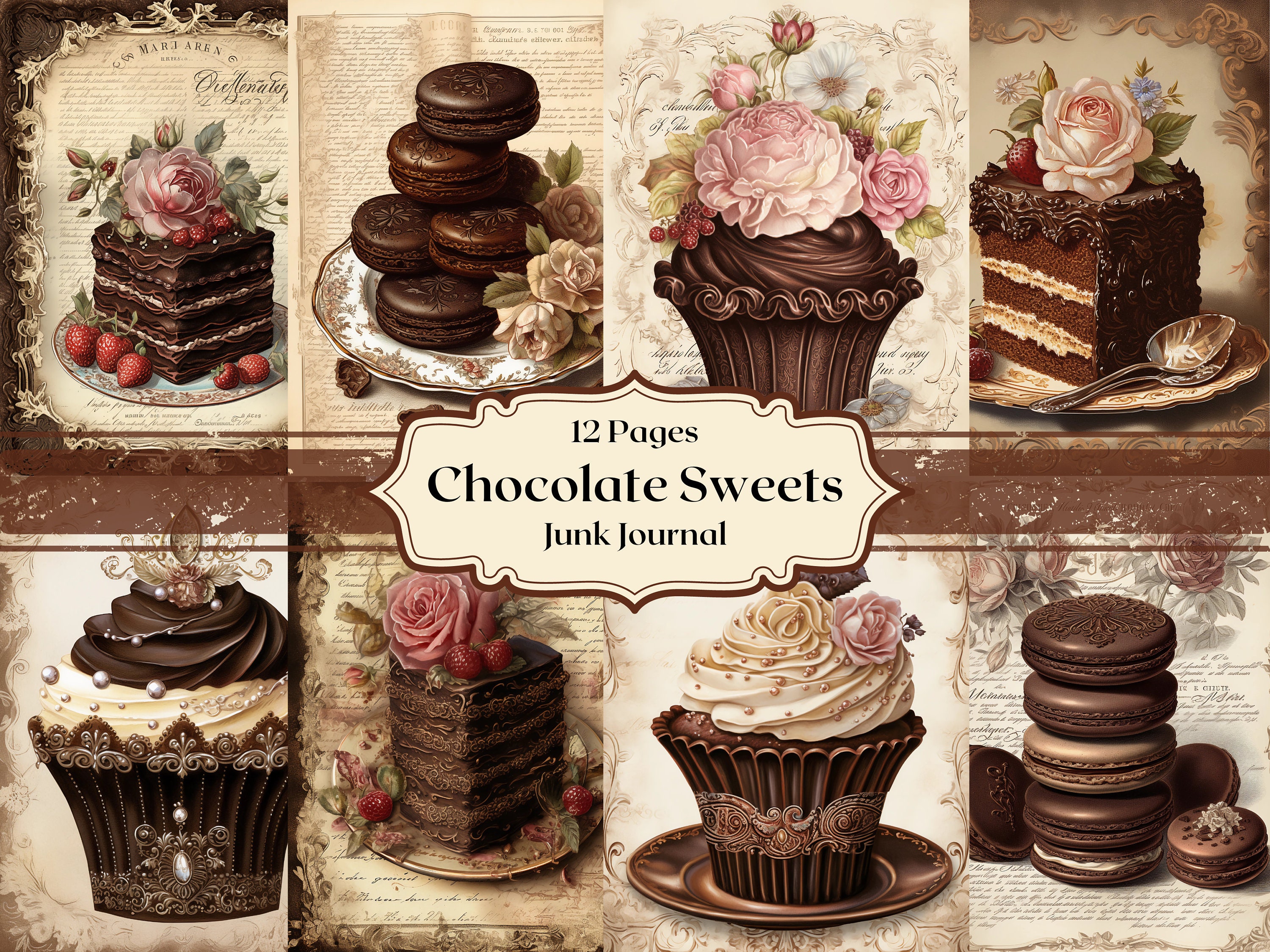 Victorian Chocolate Cake Digital Paper Macarons Cupcake Scrapbook Paper ...