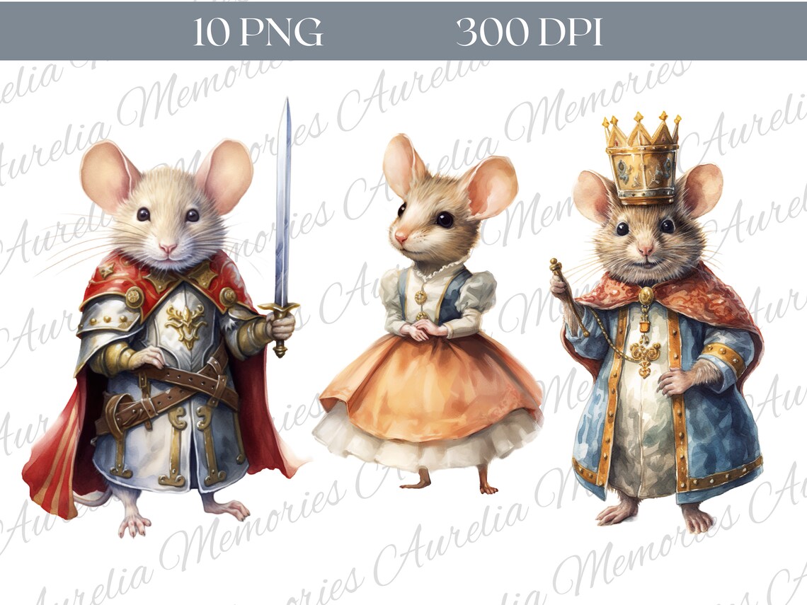 Watercolor Fairy Tale Mice Clipart 10 PNG Files Princess Mouse Clipart ...