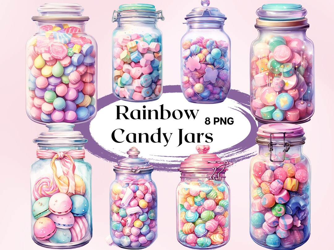 Watercolor Pastel Rainbow Candy Jars Clipart 8 PNG Files Candy Clipart ...