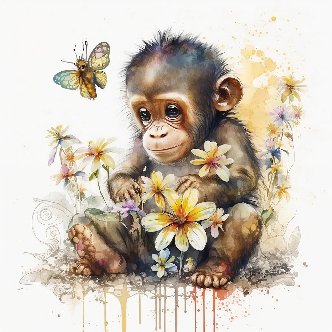 Cute Monkey in Flowers Watercolor Clipart Digital Download File for ...