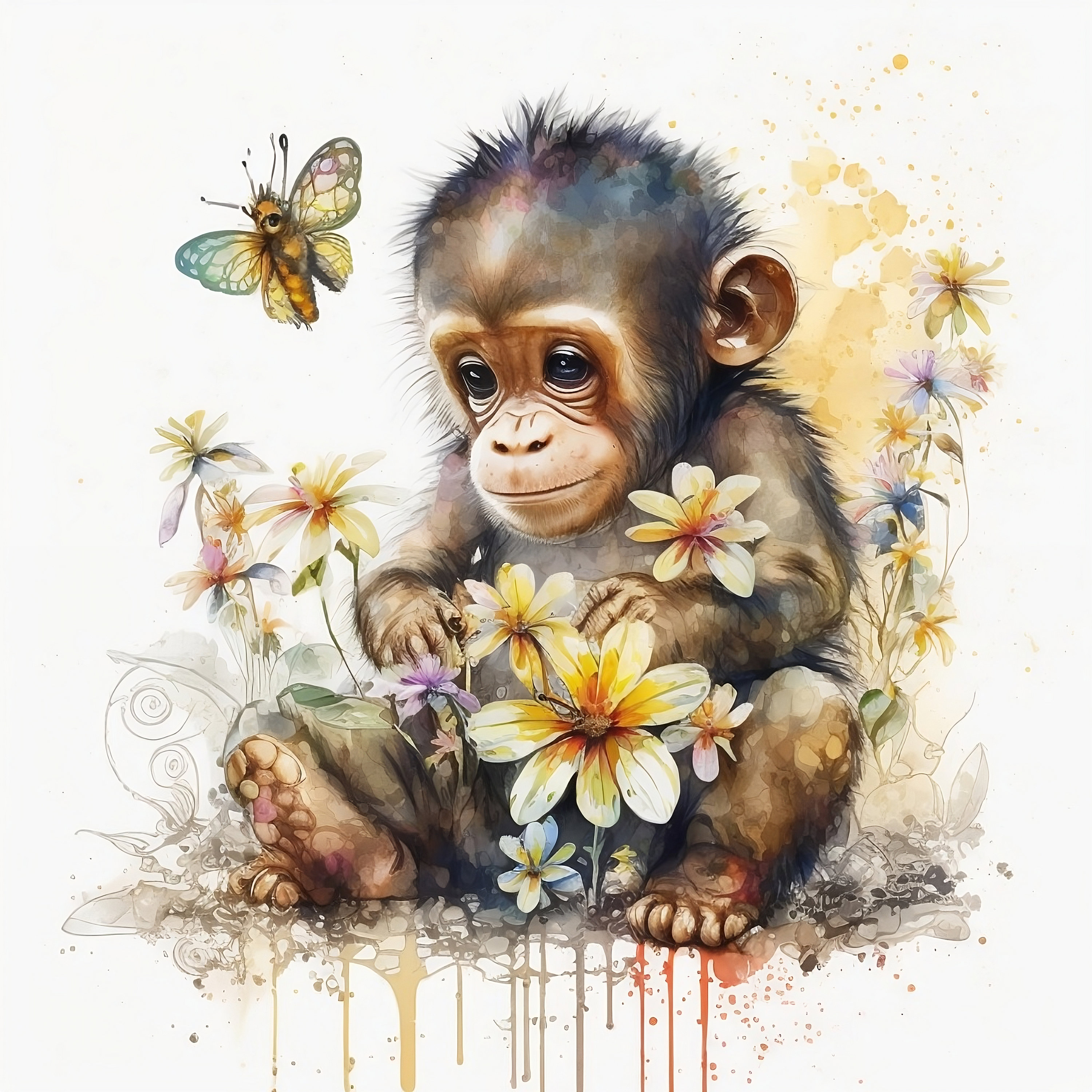 Cute Monkey in Flowers Watercolor Clipart - Digital Download File for ...
