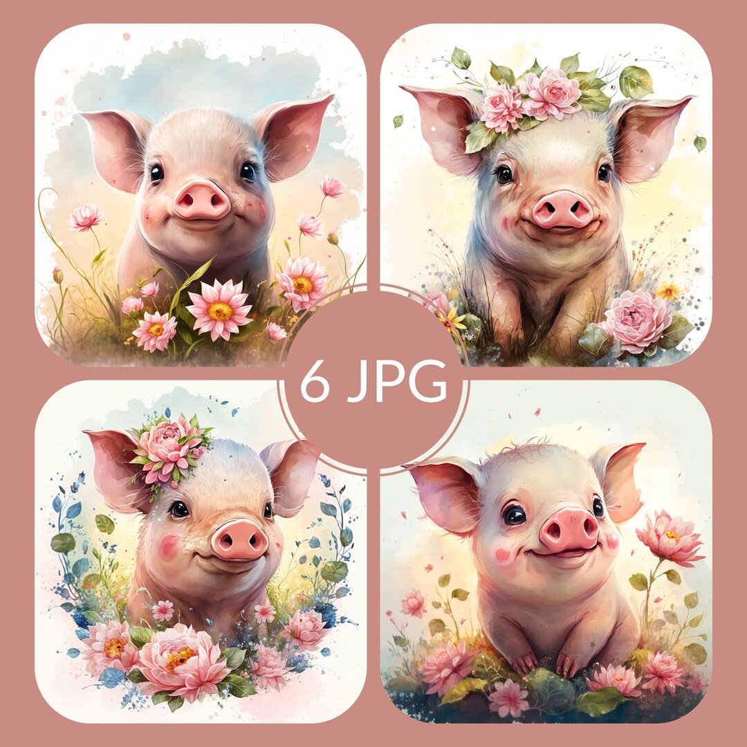 Pig Watercolor Clipart 6 JPG Nursery Decor Baby Pig Watercolor Cute ...